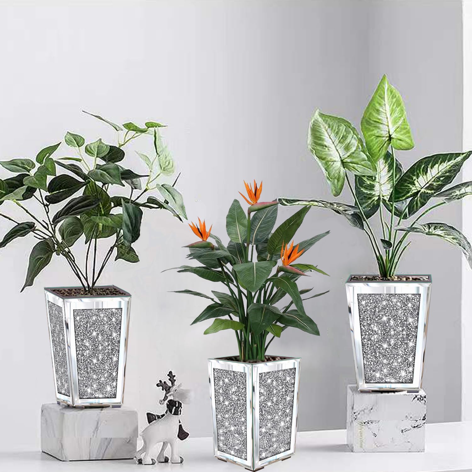 Meetart Crushed Diamond Mirrored Planter, Crystal Silver Glass Decorative Mirror Luxury Flower Pot ,with Drainage Hole and Tray for All House Plants, Succulents, Flowers, and Cactus.
