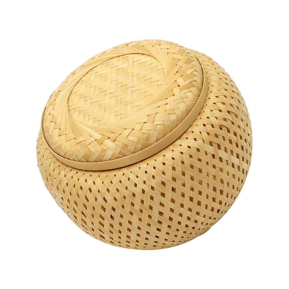 OKUMEYR Bamboo Tea Basket with Lid Round Rattan Storage Jar Wicker Storage Baskets Woven Storage Canister Sticky Rice Steamer Baskets Snacks Fruit Basket Bamboo Weaving Steamer