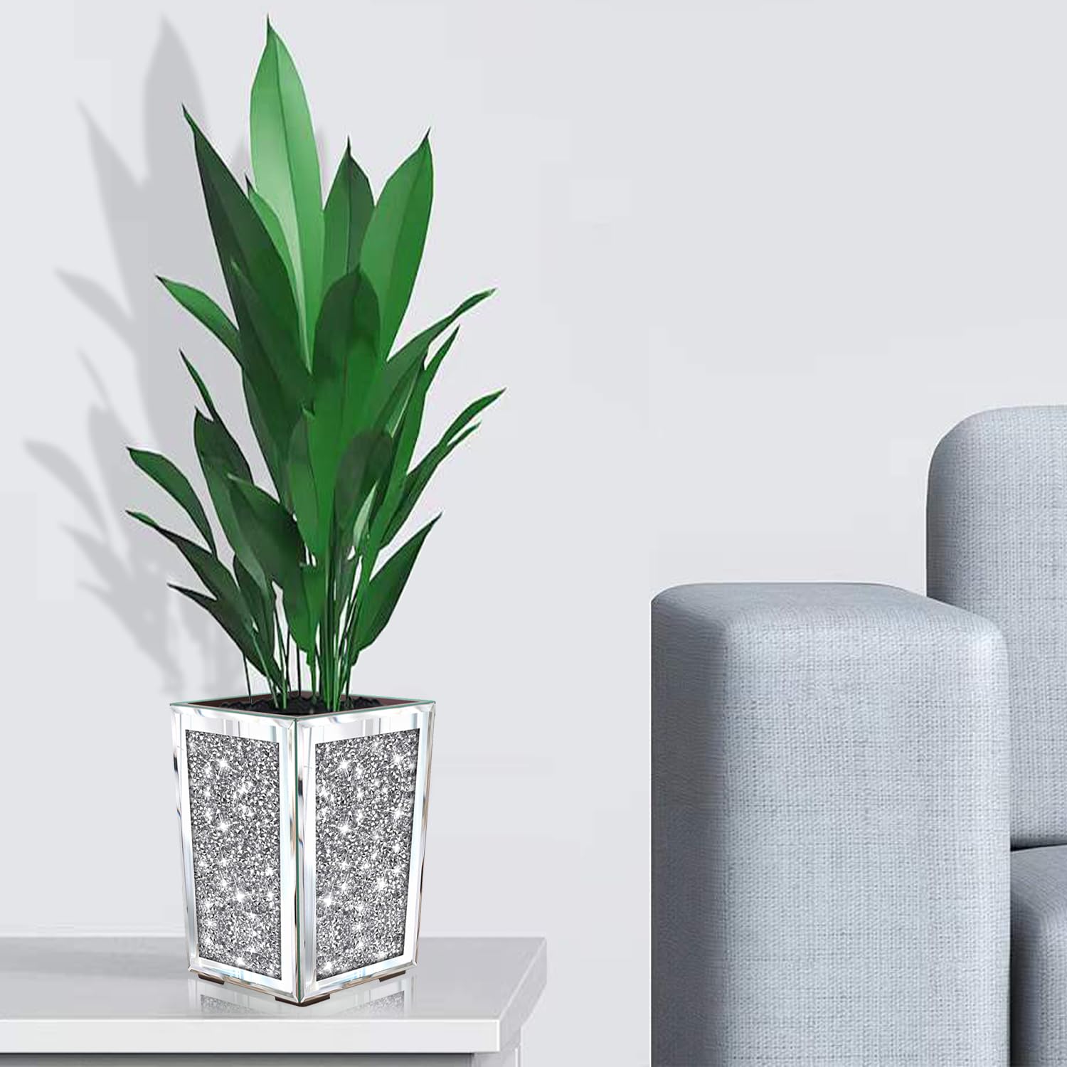 Meetart Crushed Diamond Mirrored Planter, Crystal Silver Glass Decorative Mirror Luxury Flower Pot ,with Drainage Hole and Tray for All House Plants, Succulents, Flowers, and Cactus.