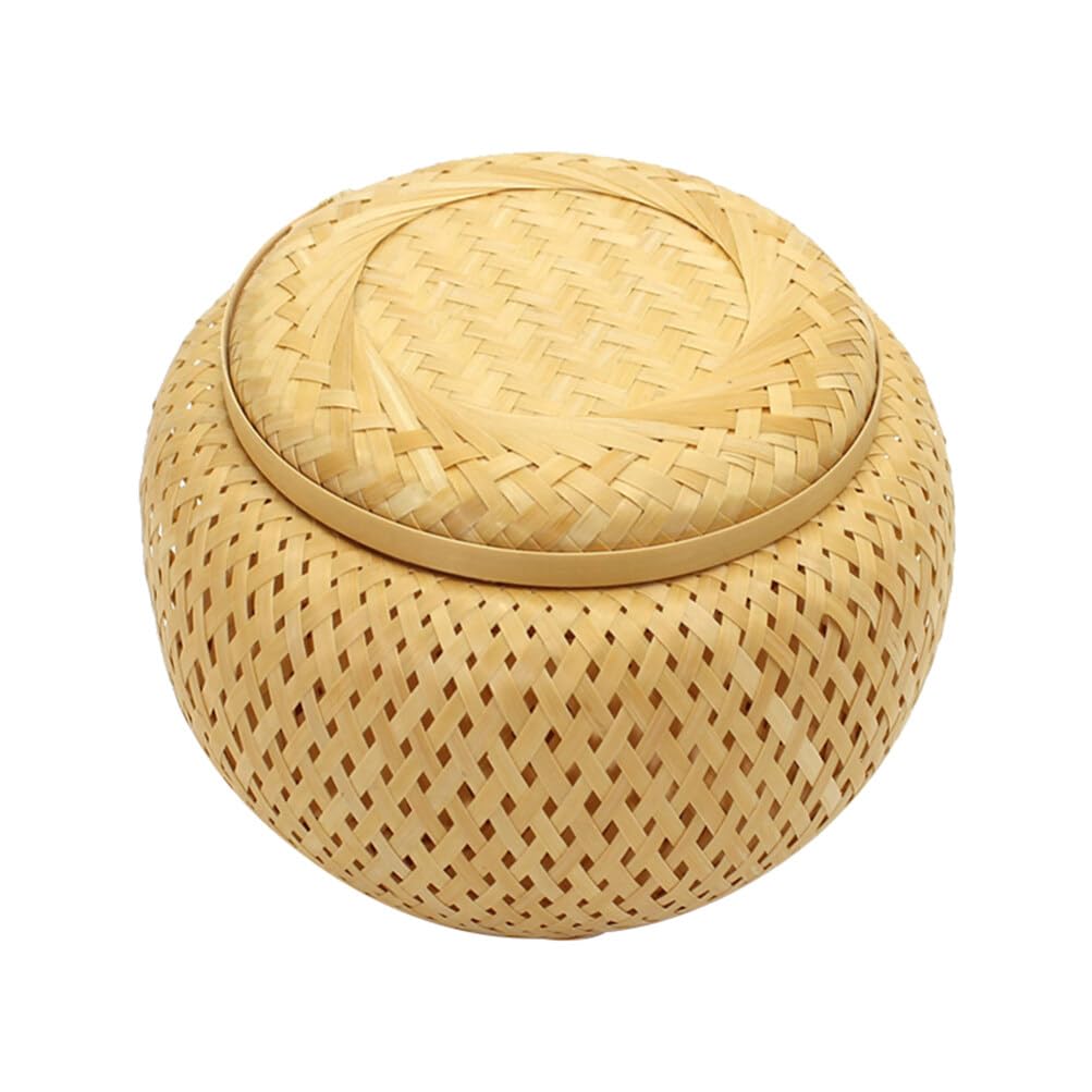 OKUMEYR Bamboo Tea Basket with Lid Round Rattan Storage Jar Wicker Storage Baskets Woven Storage Canister Sticky Rice Steamer Baskets Snacks Fruit Basket Bamboo Weaving Steamer