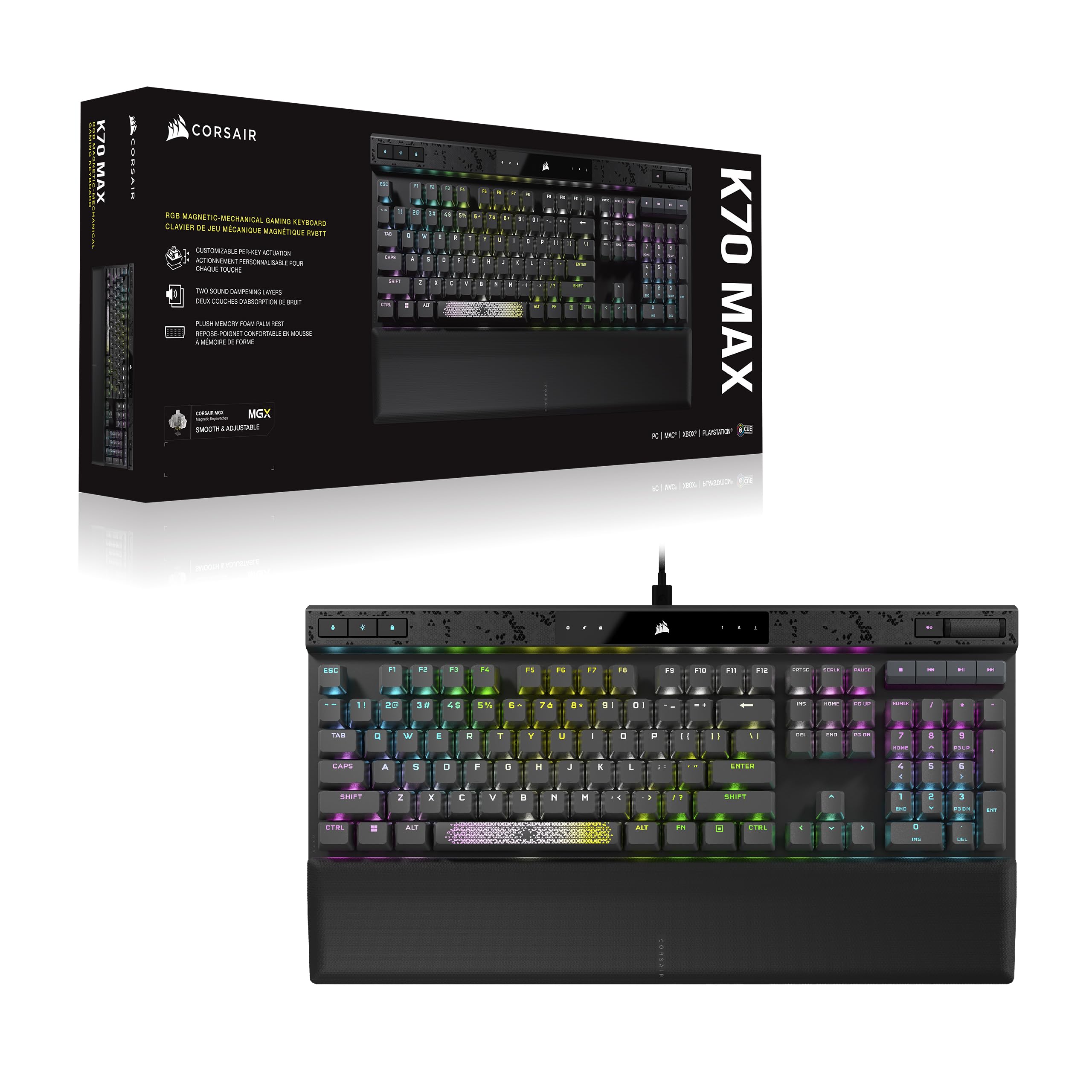 CORSAIR K70 MAX RGB Magnetic Mechanical Wired Gaming Keyboard –MGX Adjustable Switches, Simultaneous SOCD and Rapid Trigger, PBT Double-Shot Keycaps, Sound Dampening, 8000Hz Polling, QWERTY NA, Black