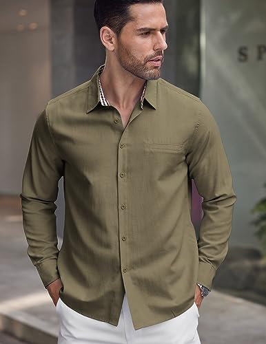 COOFANDY Mens Chambray Dress Shirt Oxford Casual Shirt Button Down Long Sleeve Shirt Army Green
