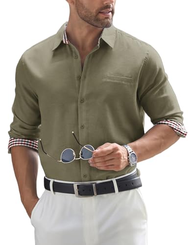 COOFANDY Mens Chambray Dress Shirt Oxford Casual Shirt Button Down Long Sleeve Shirt Army Green
