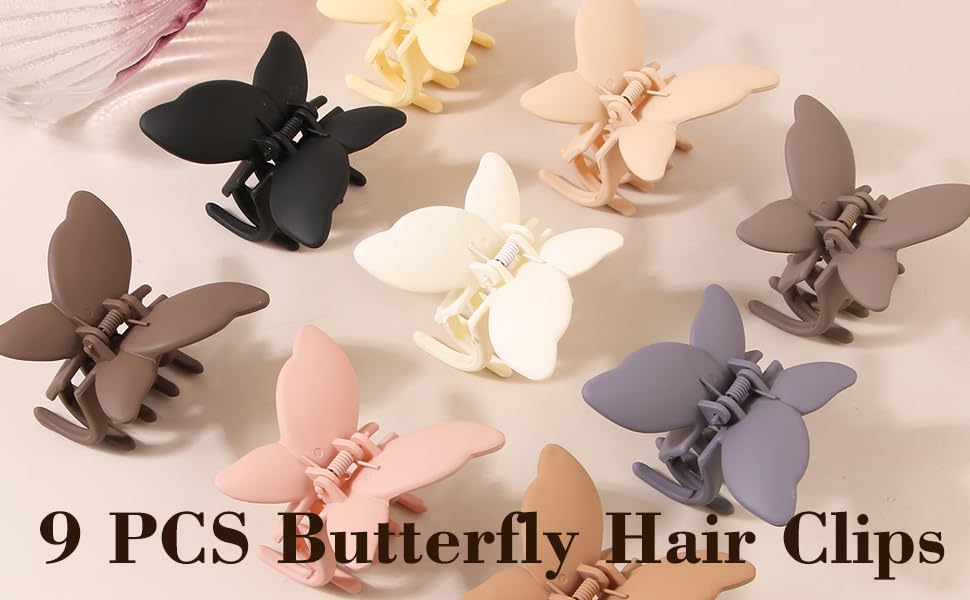Seneeel 9 PCS Butterfly Hair Clips, 2.7" Medium Butterfly Clips for Thick Thin Hair, Non Slip Cute Matte Hair Claw Clip for Women, Natural Color