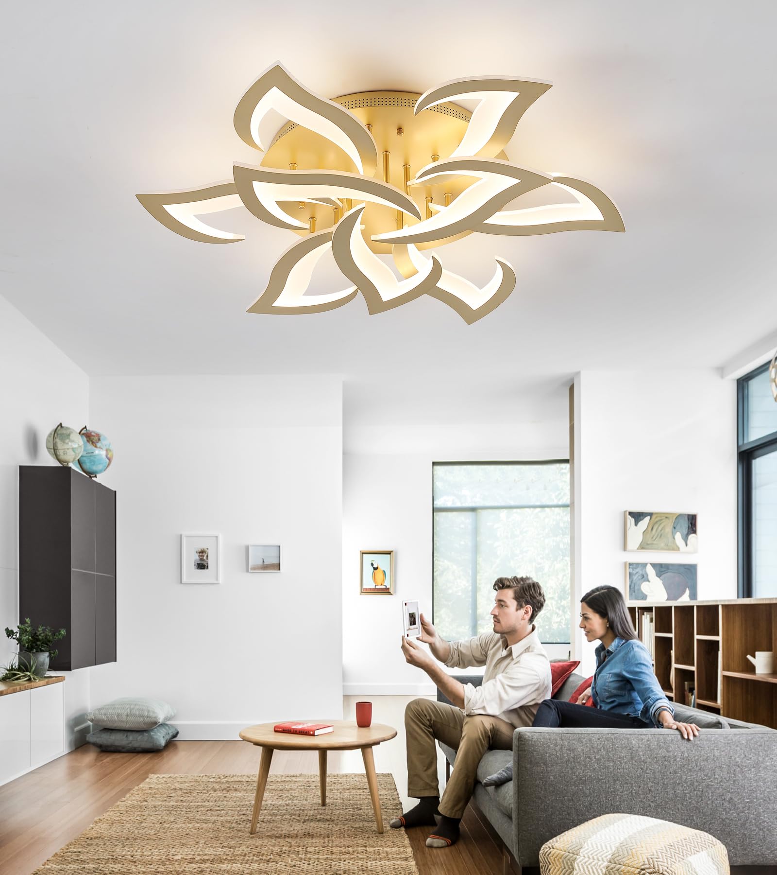 MEIXISUE LED Ceiling Light Gold Dimmable Close to Ceiling Lamp with Remote Control for Living Room,Bedroom,Kitchen,W31.5