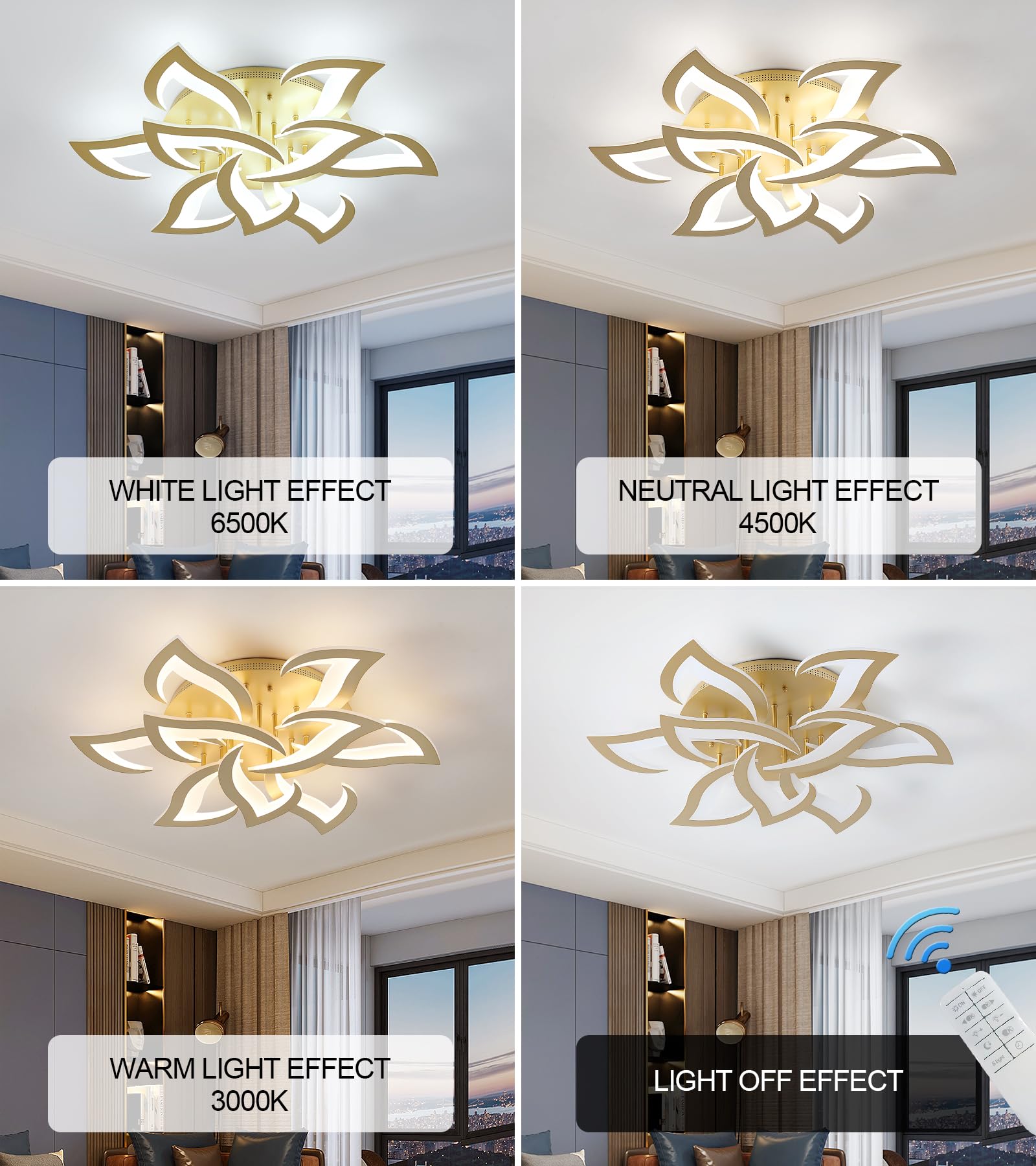 MEIXISUE LED Ceiling Light Gold Dimmable Close to Ceiling Lamp with Remote Control for Living Room,Bedroom,Kitchen,W31.5