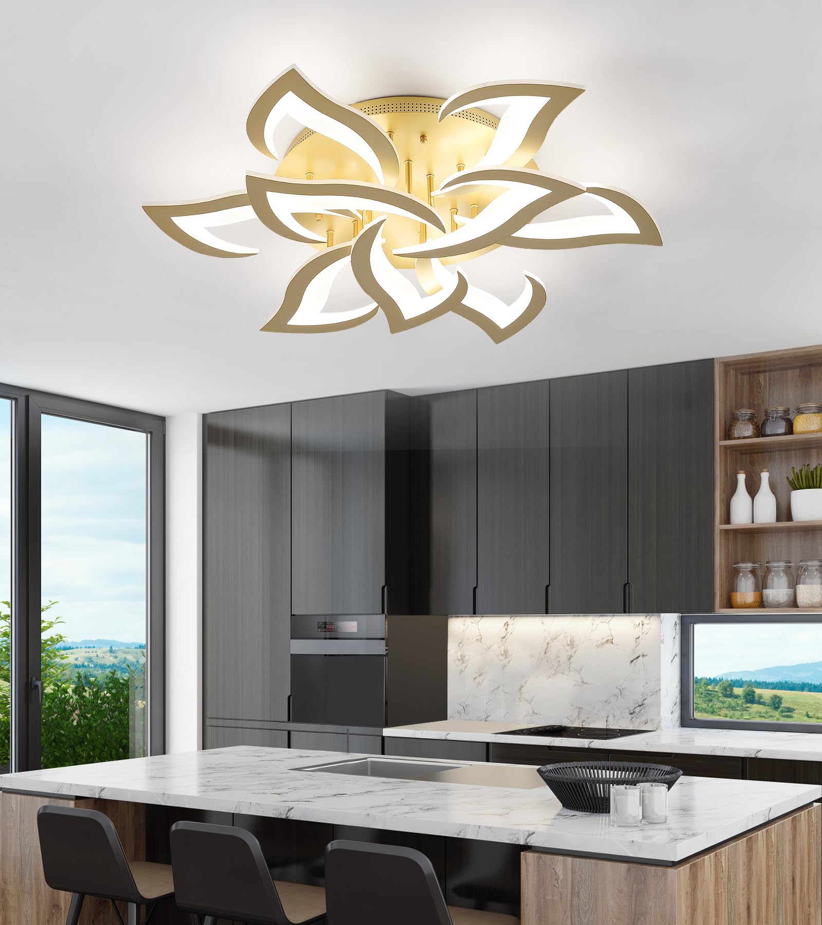 MEIXISUE LED Ceiling Light Gold Dimmable Close to Ceiling Lamp with Remote Control for Living Room,Bedroom,Kitchen,W31.5
