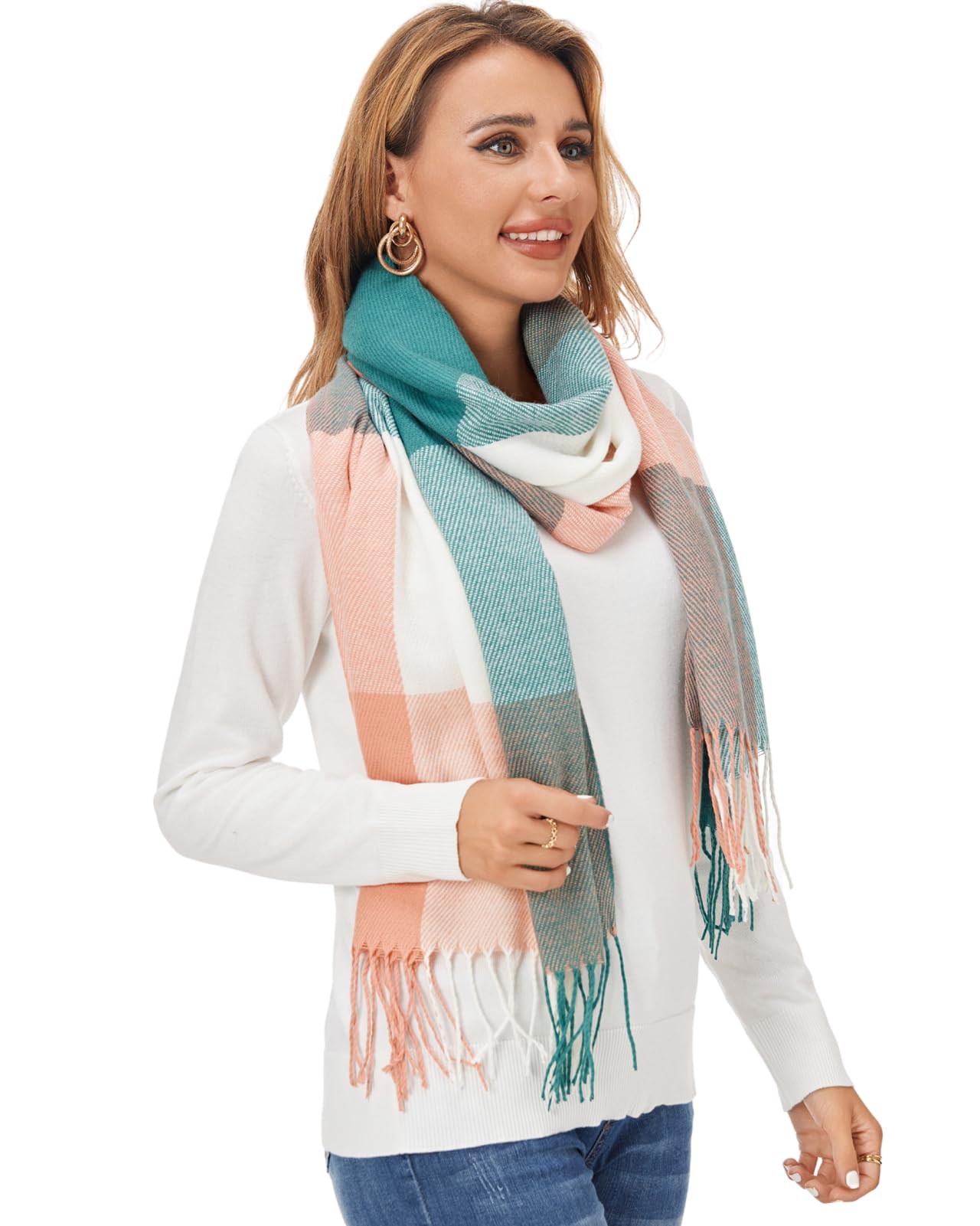 Fuinloth Women's Large Plaid Scarf Fashion Long Shawl Wrap for Winter Warm Lightweight Green Pink