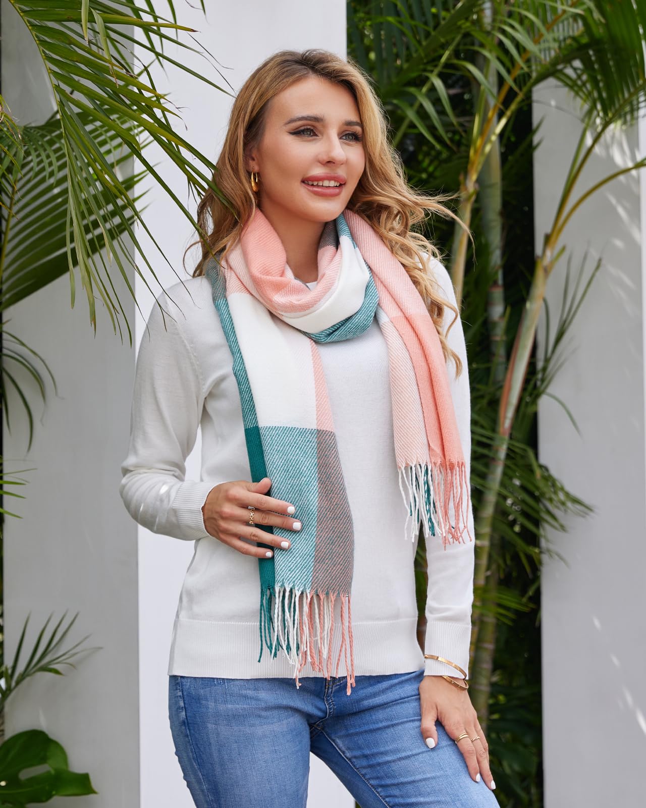 Fuinloth Women's Large Plaid Scarf Fashion Long Shawl Wrap for Winter Warm Lightweight Green Pink