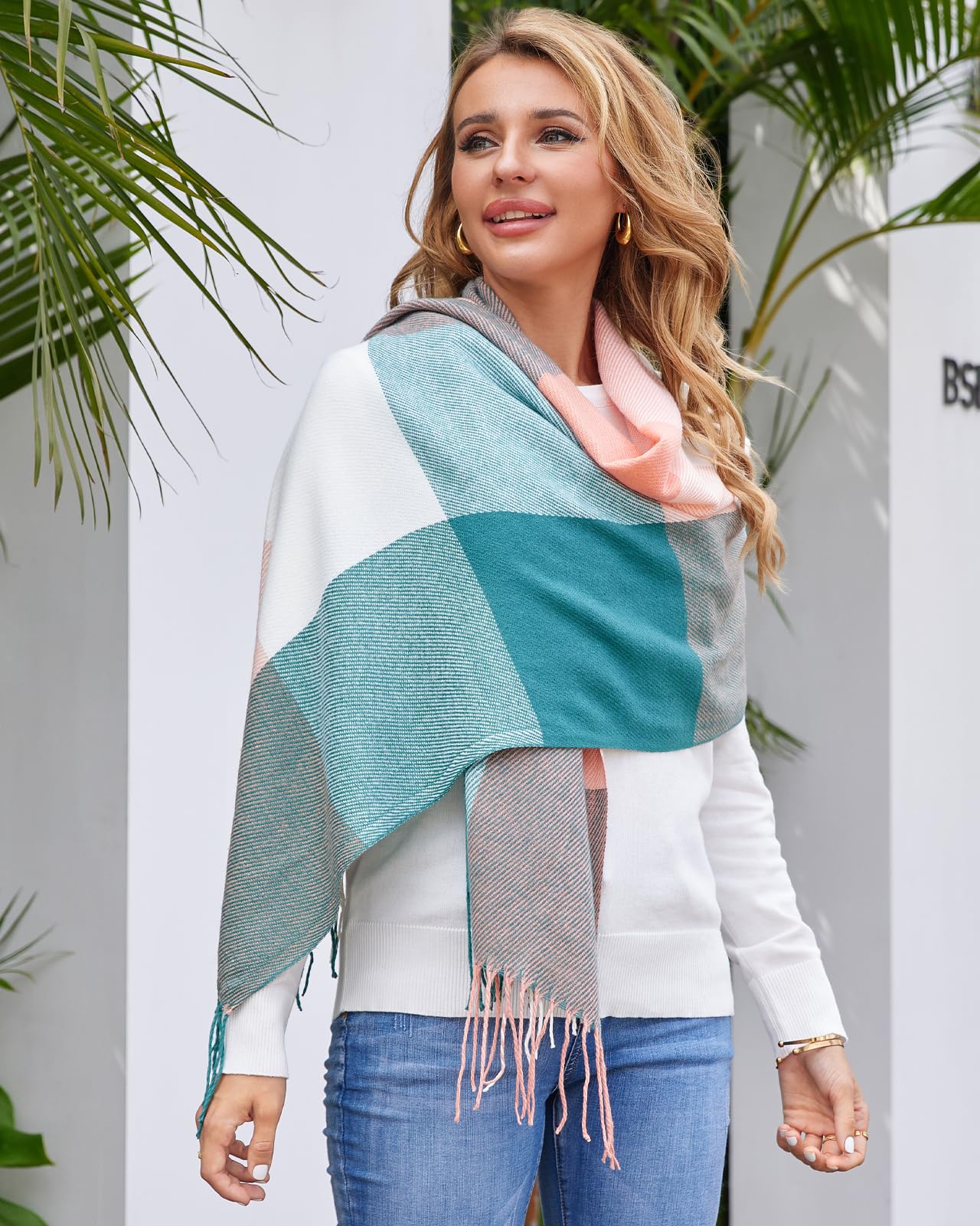 Fuinloth Women's Large Plaid Scarf Fashion Long Shawl Wrap for Winter Warm Lightweight Green Pink