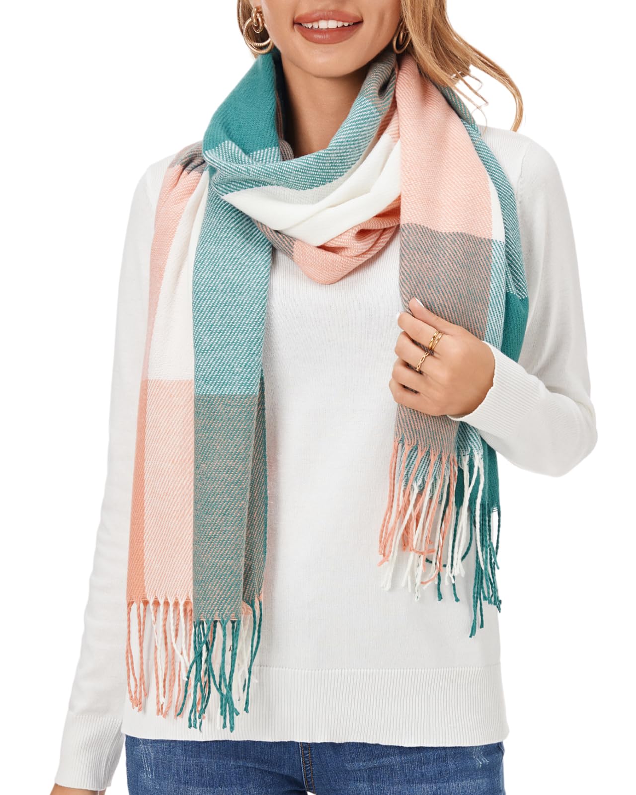 Fuinloth Women's Large Plaid Scarf Fashion Long Shawl Wrap for Winter Warm Lightweight Green Pink