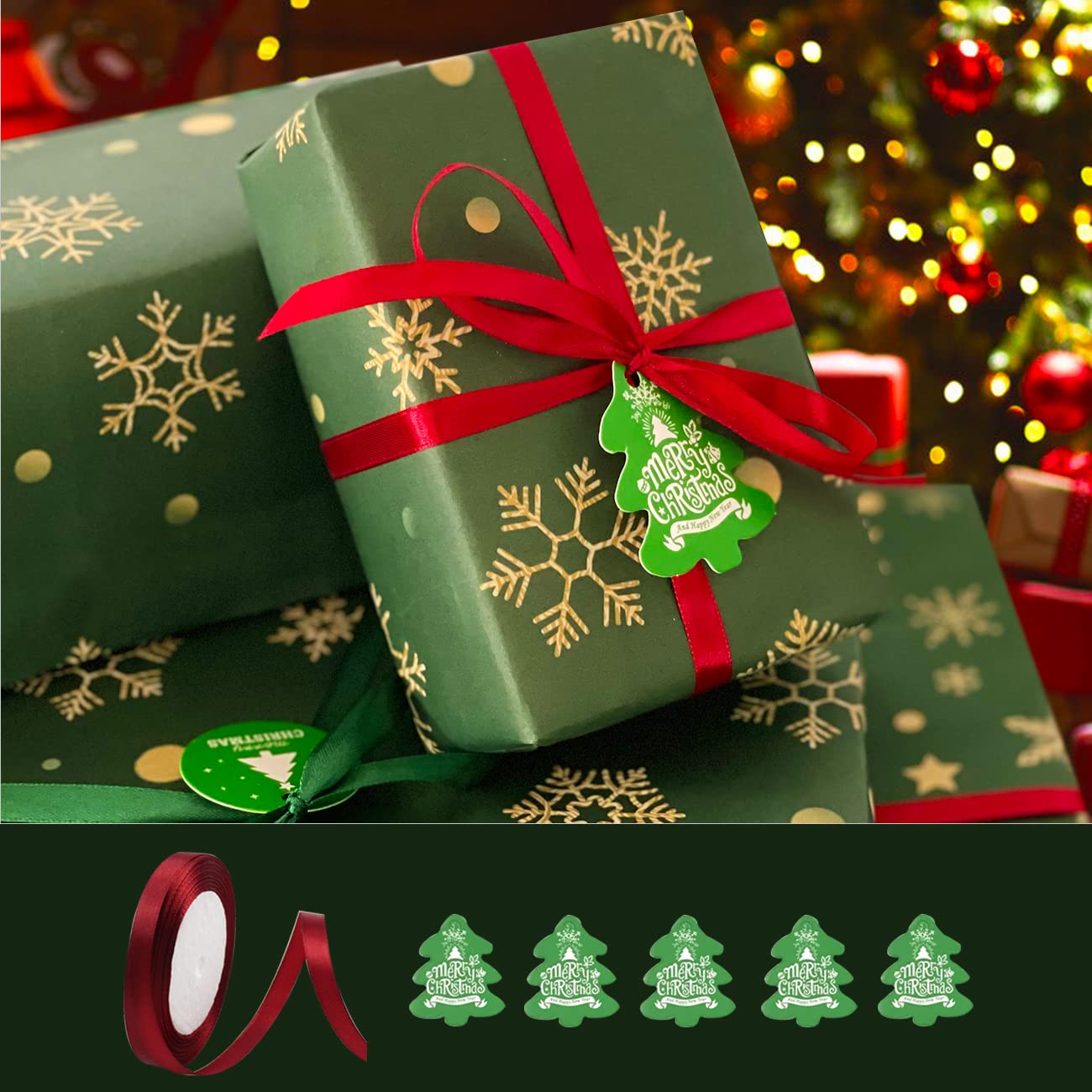 ZY-HUAN Christmas Wrapping Paper 70x50, 5pcs wrapping paper Sheets christmas With Ribbon, Xmas Wrapping Paper for Christmas Box Packaging