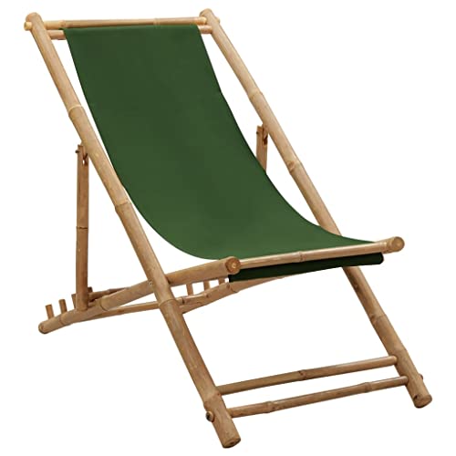 MBFLUUML Outdoor Folding Recliner Chair, Patio Lounge Chairs, Deck Chair Bamboo and Canvas Green Suitable for Lawn, Garden, Porch and Backyard.