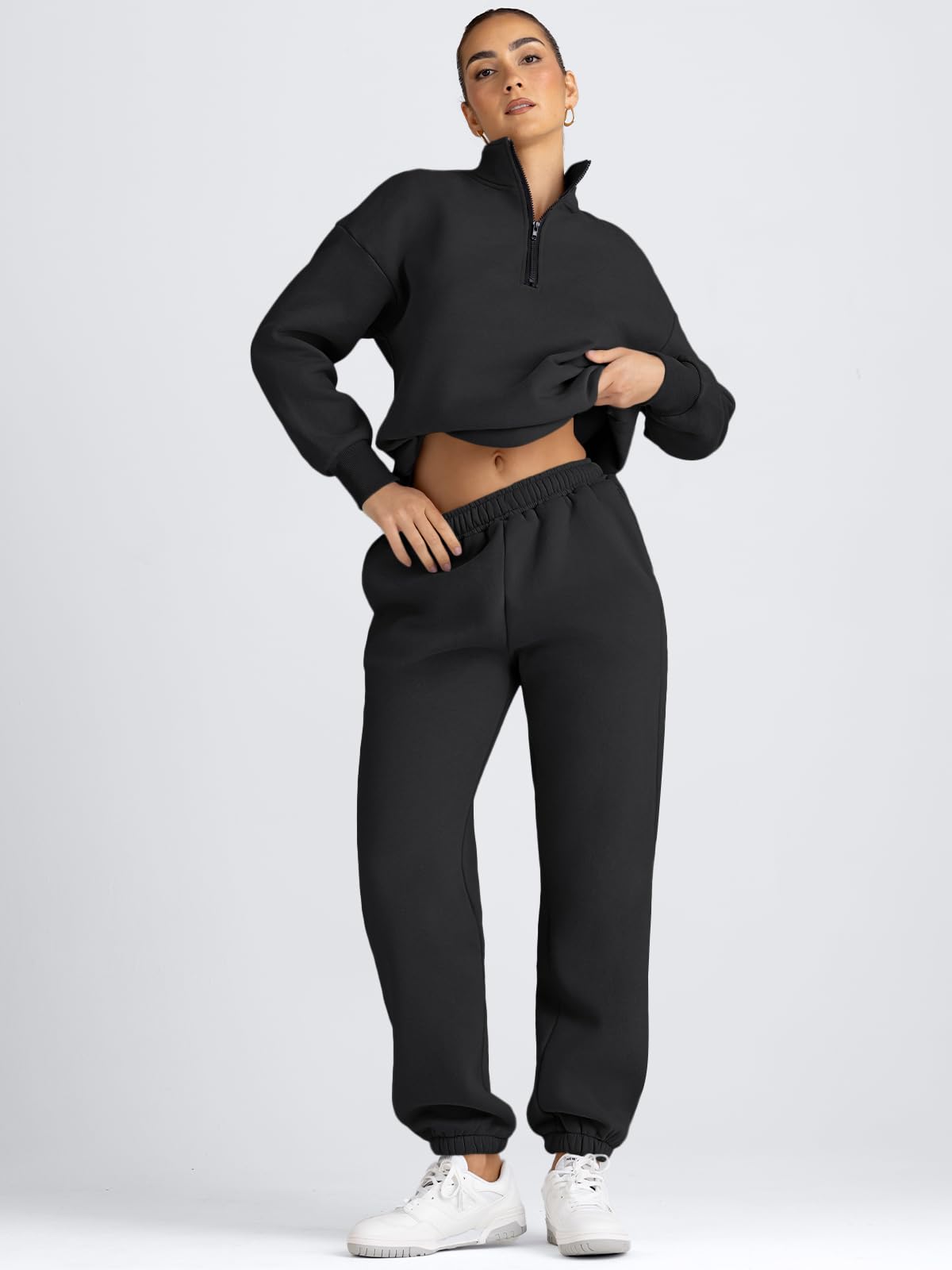 AUTOMET Women's Sweatsuits 2 Piece Outfits Long Sleeve Half Zip Pullover and Baggy Sweatpants with Pockets Black M