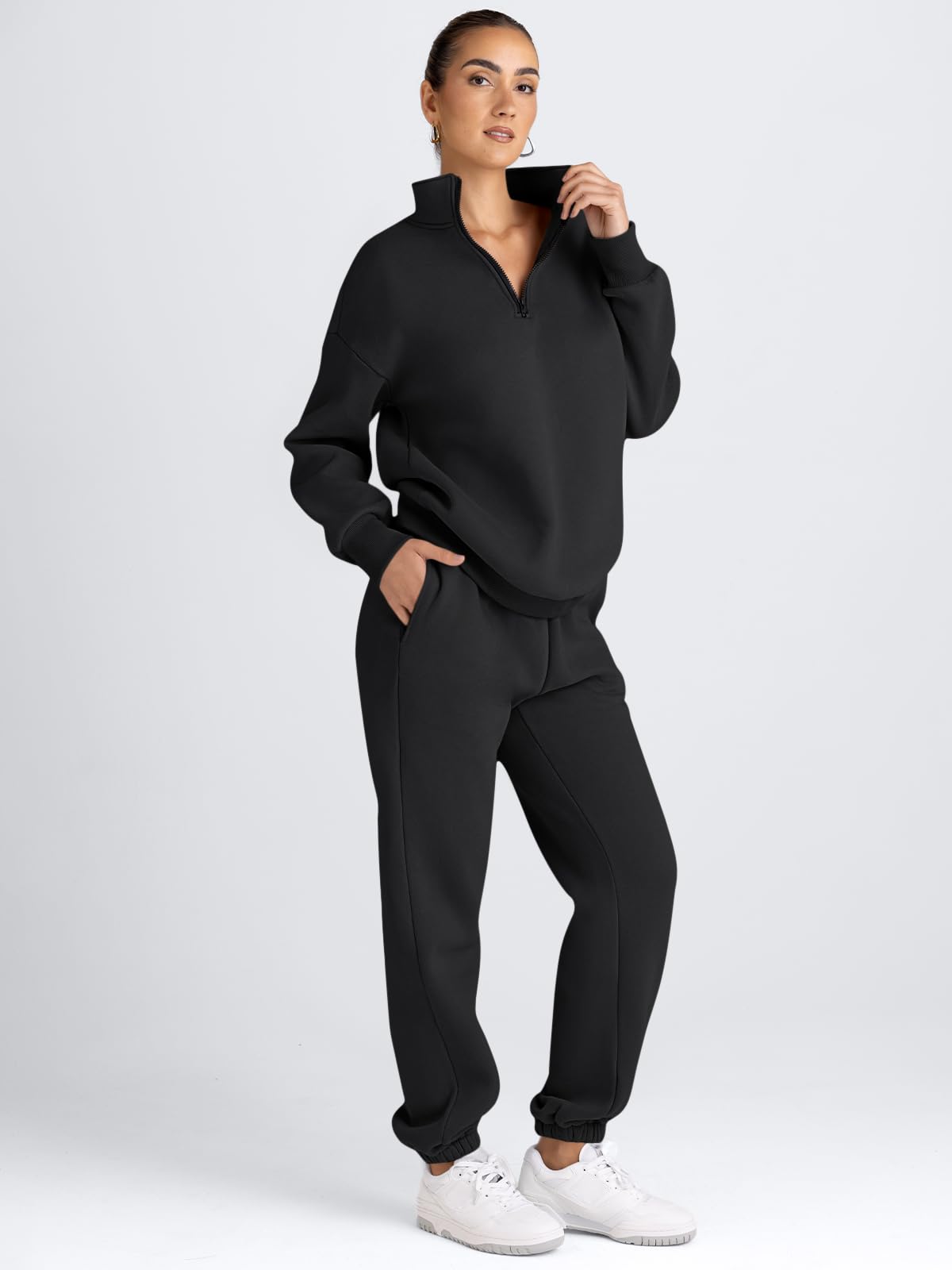 AUTOMET Women's Sweatsuits 2 Piece Outfits Long Sleeve Half Zip Pullover and Baggy Sweatpants with Pockets Black M