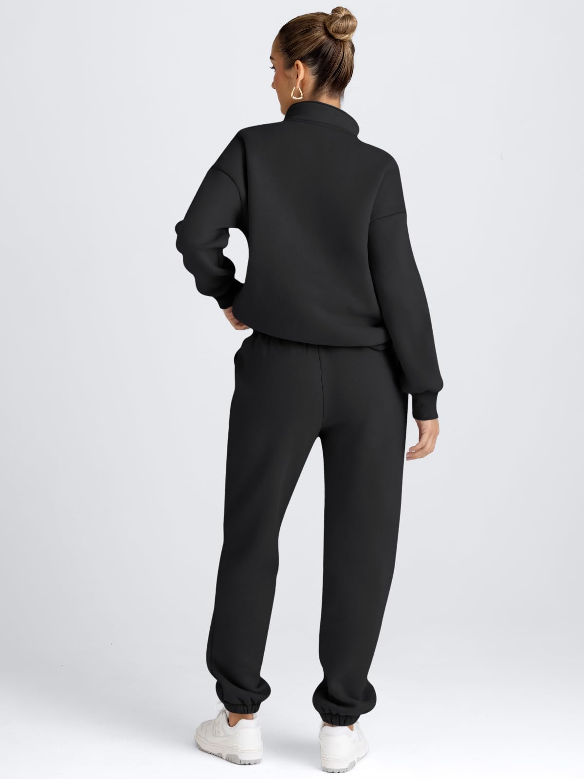 AUTOMET Women's Sweatsuits 2 Piece Outfits Long Sleeve Half Zip Pullover and Baggy Sweatpants with Pockets Black M