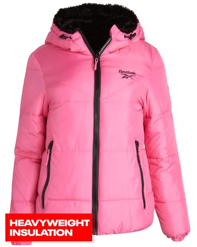 Reebok Women's Winter Jacket - Reversible Quilted Puffer Coat with Sherpa Fleece Lining - Reversible Jacket for Women (S-XL), Size Medium, Laser PinkBlack