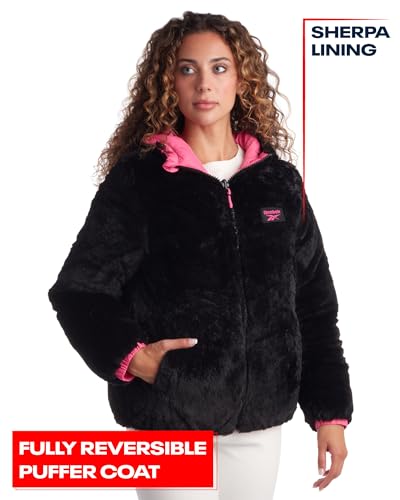 Reebok Women's Winter Jacket - Reversible Quilted Puffer Coat with Sherpa Fleece Lining - Reversible Jacket for Women (S-XL), Size Medium, Laser PinkBlack