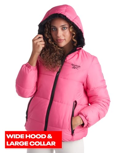 Reebok Women's Winter Jacket - Reversible Quilted Puffer Coat with Sherpa Fleece Lining - Reversible Jacket for Women (S-XL), Size Medium, Laser PinkBlack