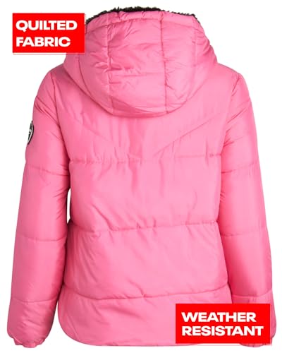 Reebok Women's Winter Jacket - Reversible Quilted Puffer Coat with Sherpa Fleece Lining - Reversible Jacket for Women (S-XL), Size Medium, Laser PinkBlack