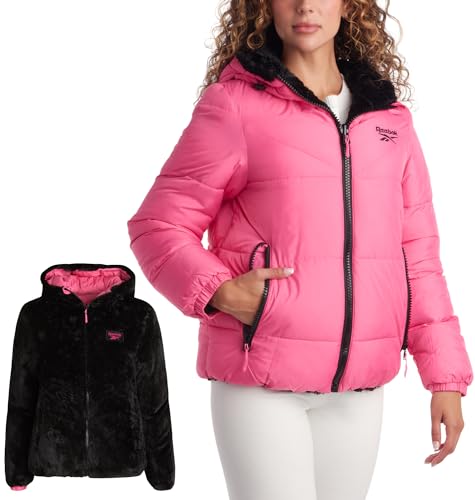 Reebok Women's Winter Jacket - Reversible Quilted Puffer Coat with Sherpa Fleece Lining - Reversible Jacket for Women (S-XL), Size Medium, Laser PinkBlack