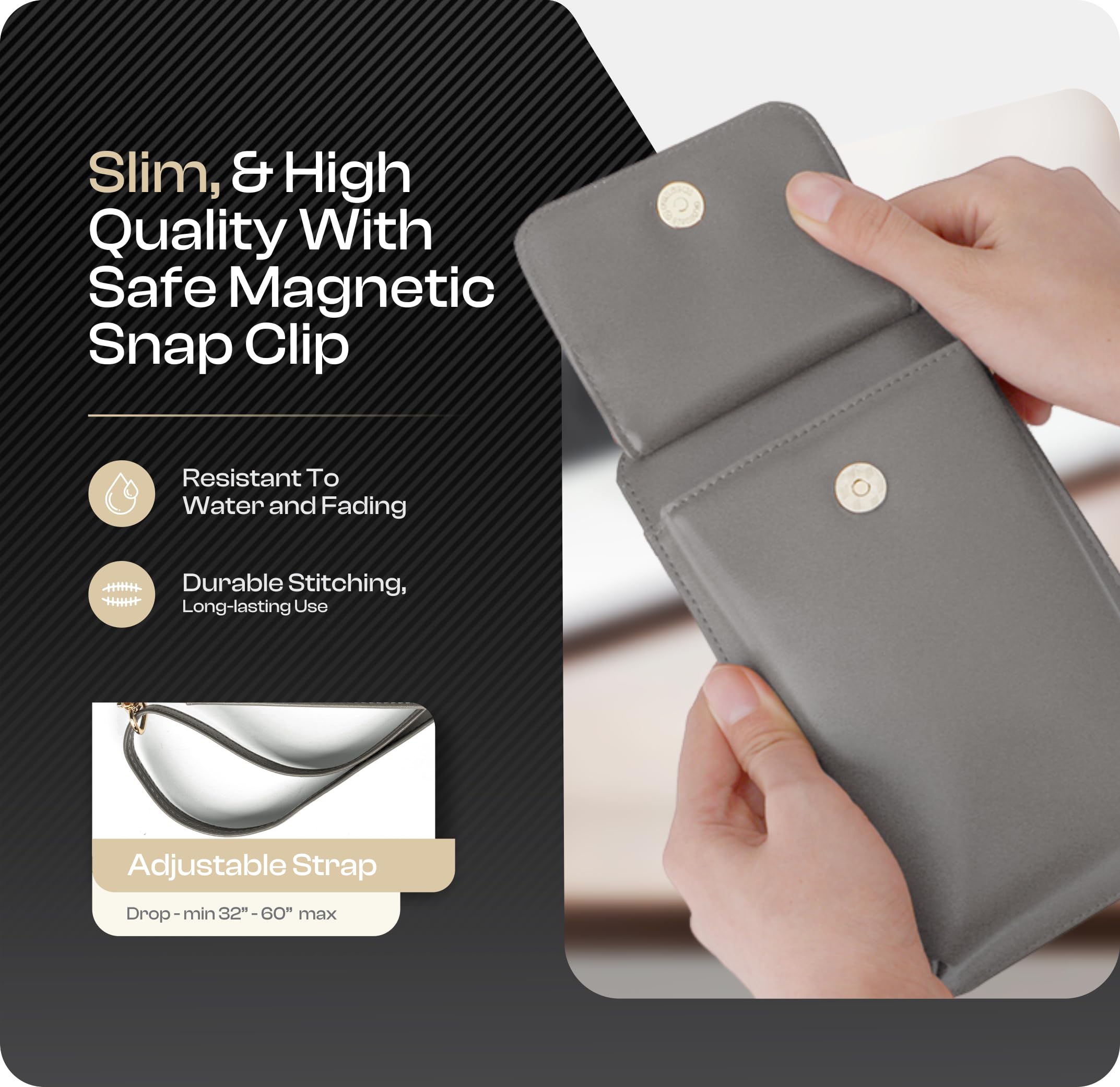 Claasico Womens Crossbody Wallet & Phone Case | iPhone/Samsung/LG Magnet Cell Pouch & Handbag Grey