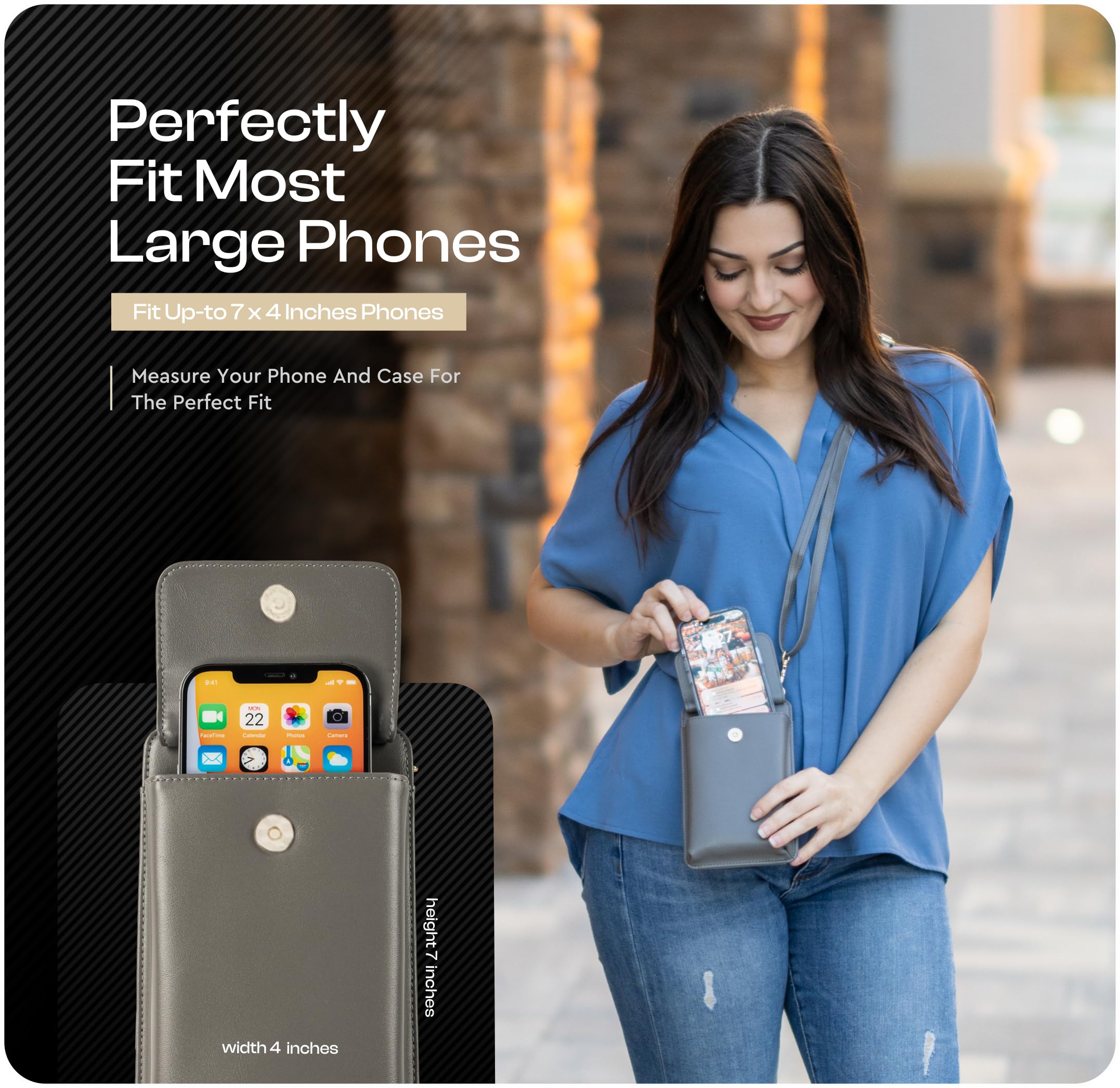 Claasico Womens Crossbody Wallet & Phone Case | iPhone/Samsung/LG Magnet Cell Pouch & Handbag Grey