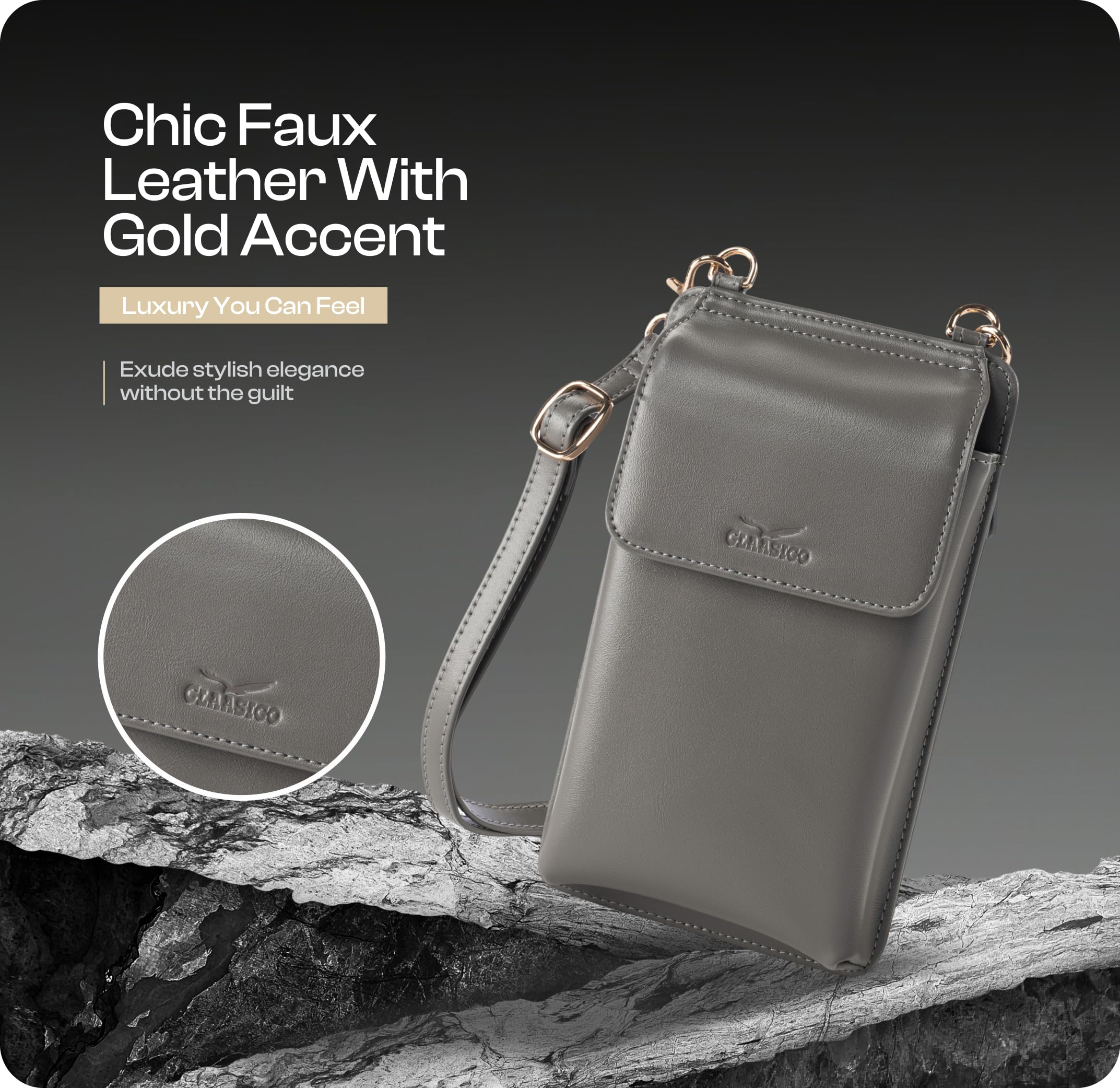 Claasico Womens Crossbody Wallet & Phone Case | iPhone/Samsung/LG Magnet Cell Pouch & Handbag Grey