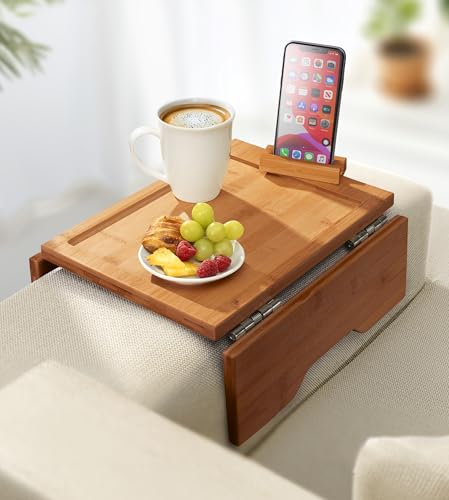 Couch Arm Table Tray with Phone & Tablet Holder – Brown | Premium Clip-On Sofa Arm Tray for Snacks, Drinks, Remotes, and More – Perfect Sofa Side Table for Living Room Comfort