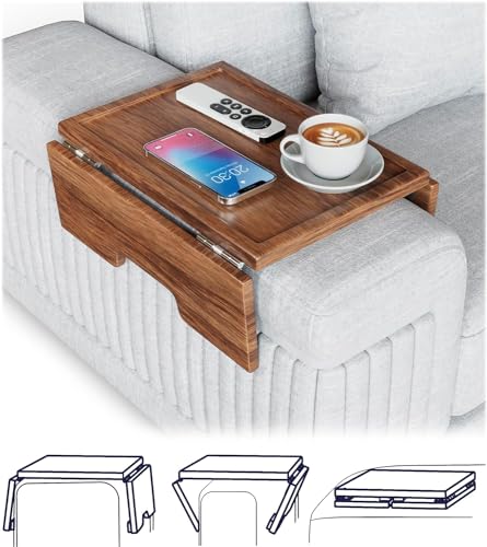 Couch Arm Table Tray with Phone & Tablet Holder – Brown | Premium Clip-On Sofa Arm Tray for Snacks, Drinks, Remotes, and More – Perfect Sofa Side Table for Living Room Comfort