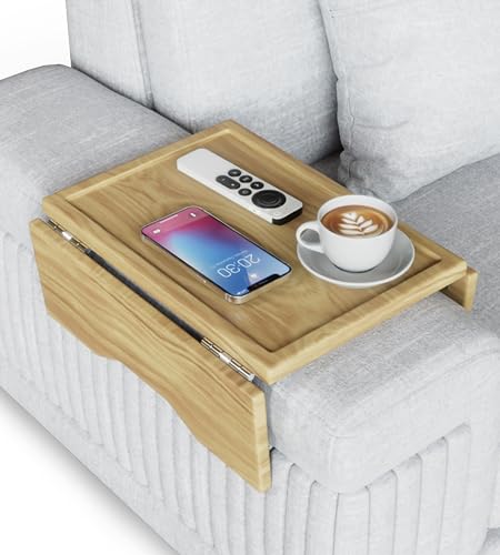 Couch Arm Table Tray with Phone & Tablet Holder – Brown | Premium Clip-On Sofa Arm Tray for Snacks, Drinks, Remotes, and More – Perfect Sofa Side Table for Living Room Comfort
