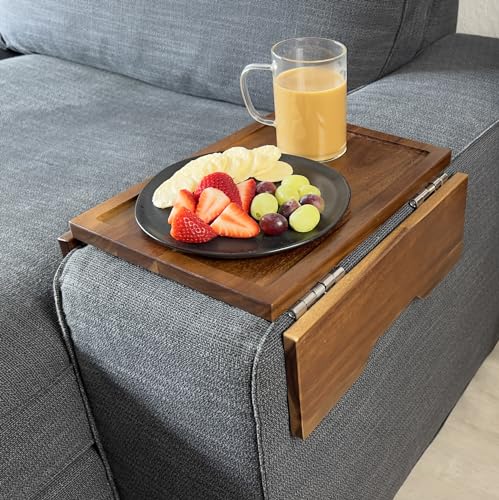 Couch Arm Table Tray with Phone & Tablet Holder – Brown | Premium Clip-On Sofa Arm Tray for Snacks, Drinks, Remotes, and More – Perfect Sofa Side Table for Living Room Comfort