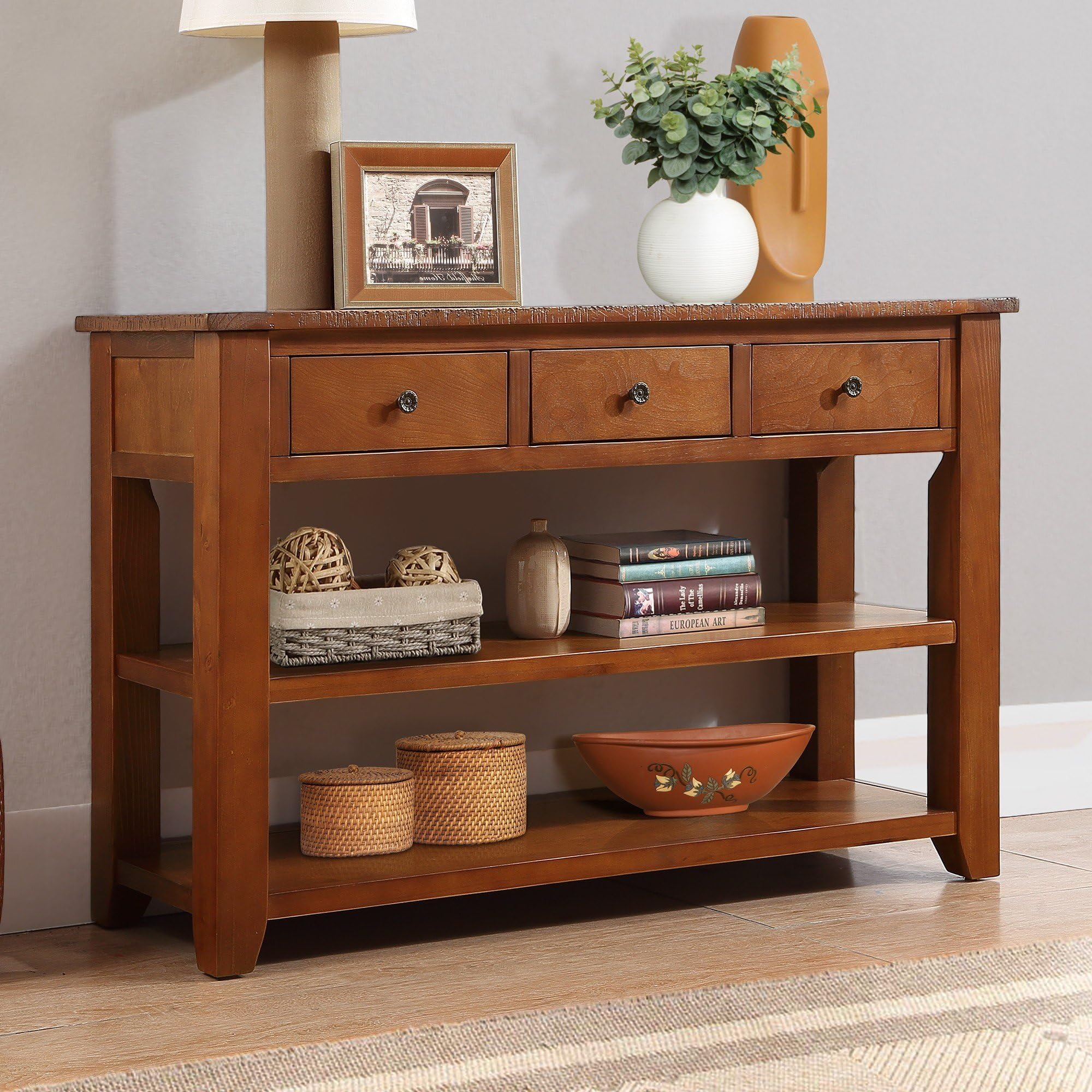 INMOZATA Console Table, 48 inch Sofa Entryway Table with 3 Storage Drawer and 2 Shelfves, Sideboard Buffet Cabinet for Living Room/Entryway/Kitchen,Brown