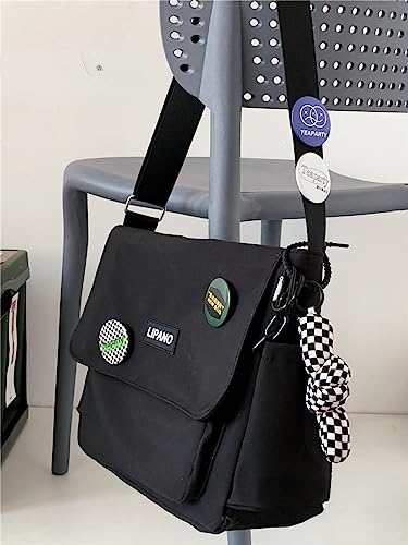 Messenger Crossbody Bag for Women - Nylon Vintage Aesthetic Cute Canvas Tote (Black)