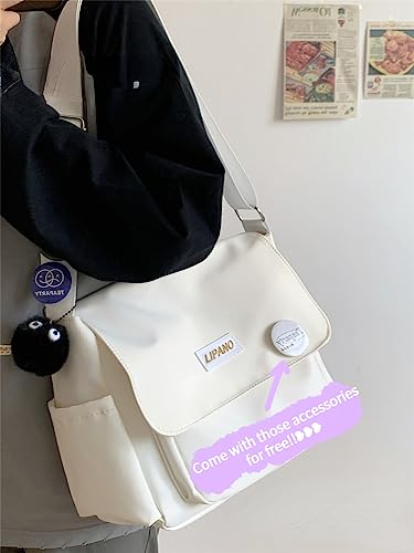 Messenger Crossbody Bag for Women - Nylon Vintage Aesthetic Cute Canvas Tote (Black)