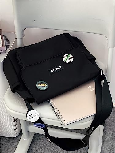 Messenger Crossbody Bag for Women - Nylon Vintage Aesthetic Cute Canvas Tote (Black)