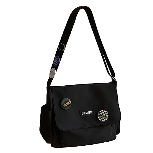 Messenger Crossbody Bag for Women - Nylon Vintage Aesthetic Cute Canvas Tote (Black)