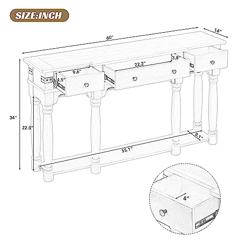 Bellemave Console Table Entryway Table with 3 Storage Drawers and Open Style Shelf Retro-Style Sofa Table for Living Room, Couch, Hallway, Foyer, Kitchen Counter (Creamy White)