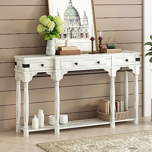 Bellemave Console Table Entryway Table with 3 Storage Drawers and Open Style Shelf Retro-Style Sofa Table for Living Room, Couch, Hallway, Foyer, Kitchen Counter (Creamy White)