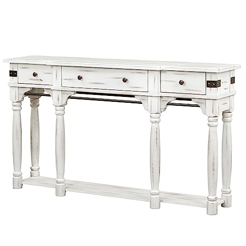 Bellemave Console Table Entryway Table with 3 Storage Drawers and Open Style Shelf Retro-Style Sofa Table for Living Room, Couch, Hallway, Foyer, Kitchen Counter (Creamy White)