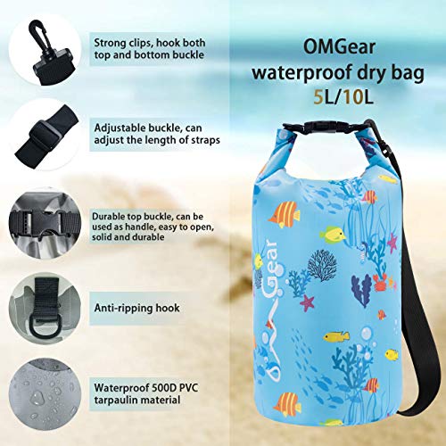 OMGear Waterproof Dry Bag Camping Gear Must Haves Dry Sack With Phone Pouch 40L/30L/20L/10L/5L Essentials for Kayaking Beach Boating River Paddling (Blue Fish,2L)