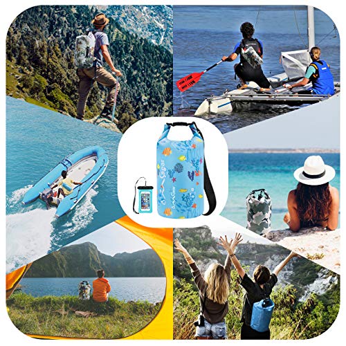 OMGear Waterproof Dry Bag Camping Gear Must Haves Dry Sack With Phone Pouch 40L/30L/20L/10L/5L Essentials for Kayaking Beach Boating River Paddling (Blue Fish,2L)