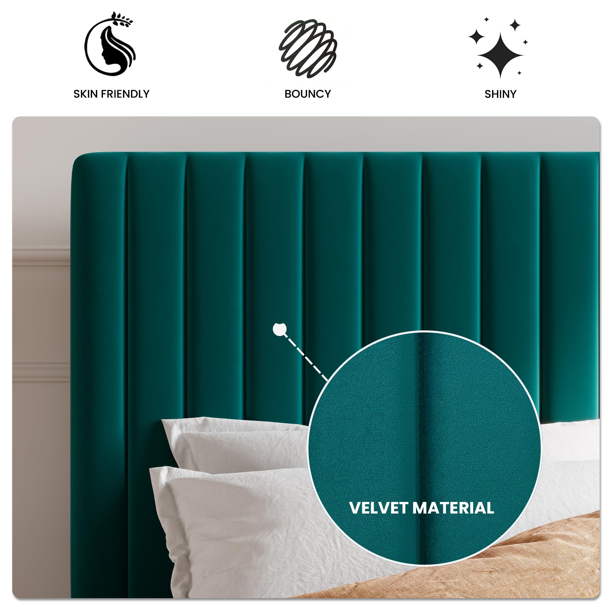 SHA CERLIN King Upholstered Platform Bed Frame with Vertical Channel Tufted Velvet Fabric Adjustable Headboard, Wooden Slats Support, Mattress Foundation, Box Spring Optional, Teal