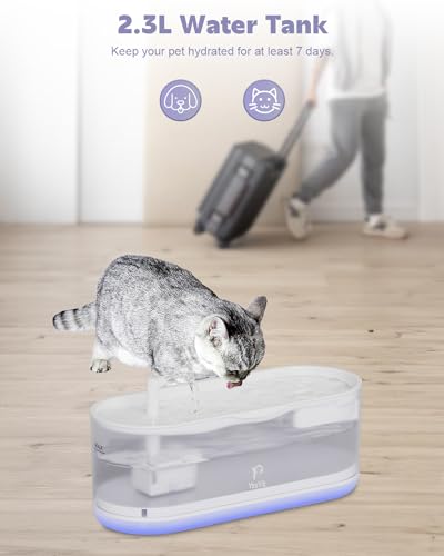YauYik Cat Water Fountain with Wireless Pump, 78 fl oz/2.3L Ultra-Quiet Automatic Pet Water Fountains for Cats and Dogs, Cat Dispenser Bowl for Drinking with Smart LED Light & 3 Flow Modes