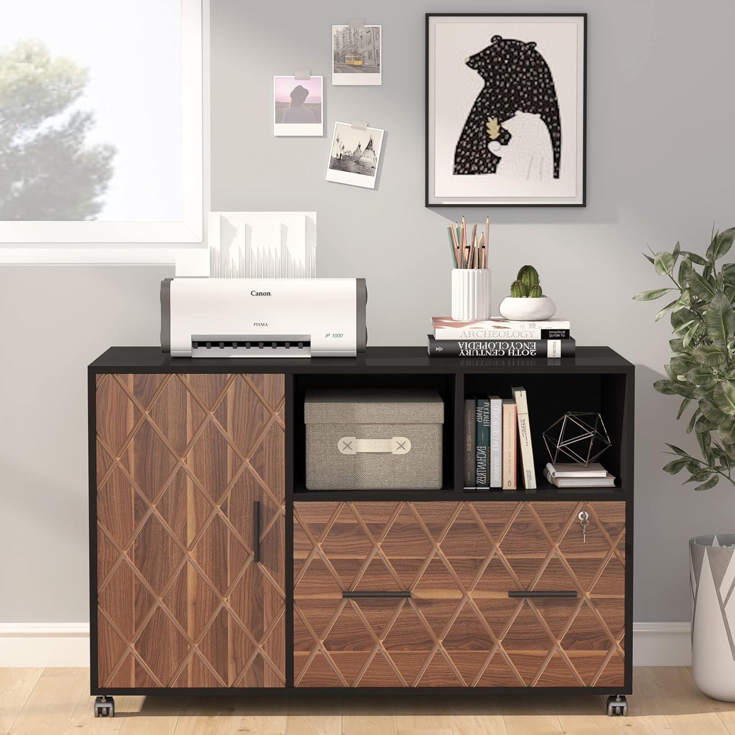 Tribesigns Large File Cabinet with Lock and Drawer, Modern Mobile Lateral Filing Cabinet Printer Stand Legal/Letter / A4 Size with Wheels and Storage Shelves for Home Office (Brown)
