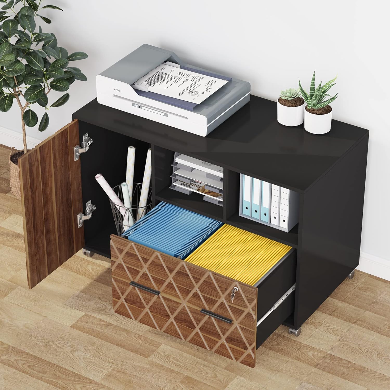 Tribesigns Large File Cabinet with Lock and Drawer, Modern Mobile Lateral Filing Cabinet Printer Stand Legal/Letter / A4 Size with Wheels and Storage Shelves for Home Office (Brown)