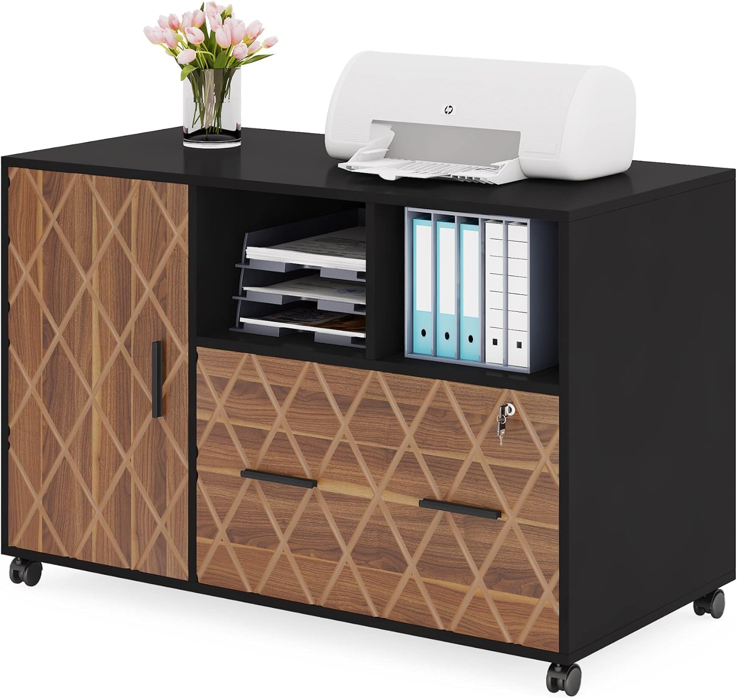 Tribesigns Large File Cabinet with Lock and Drawer, Modern Mobile Lateral Filing Cabinet Printer Stand Legal/Letter / A4 Size with Wheels and Storage Shelves for Home Office (Brown)