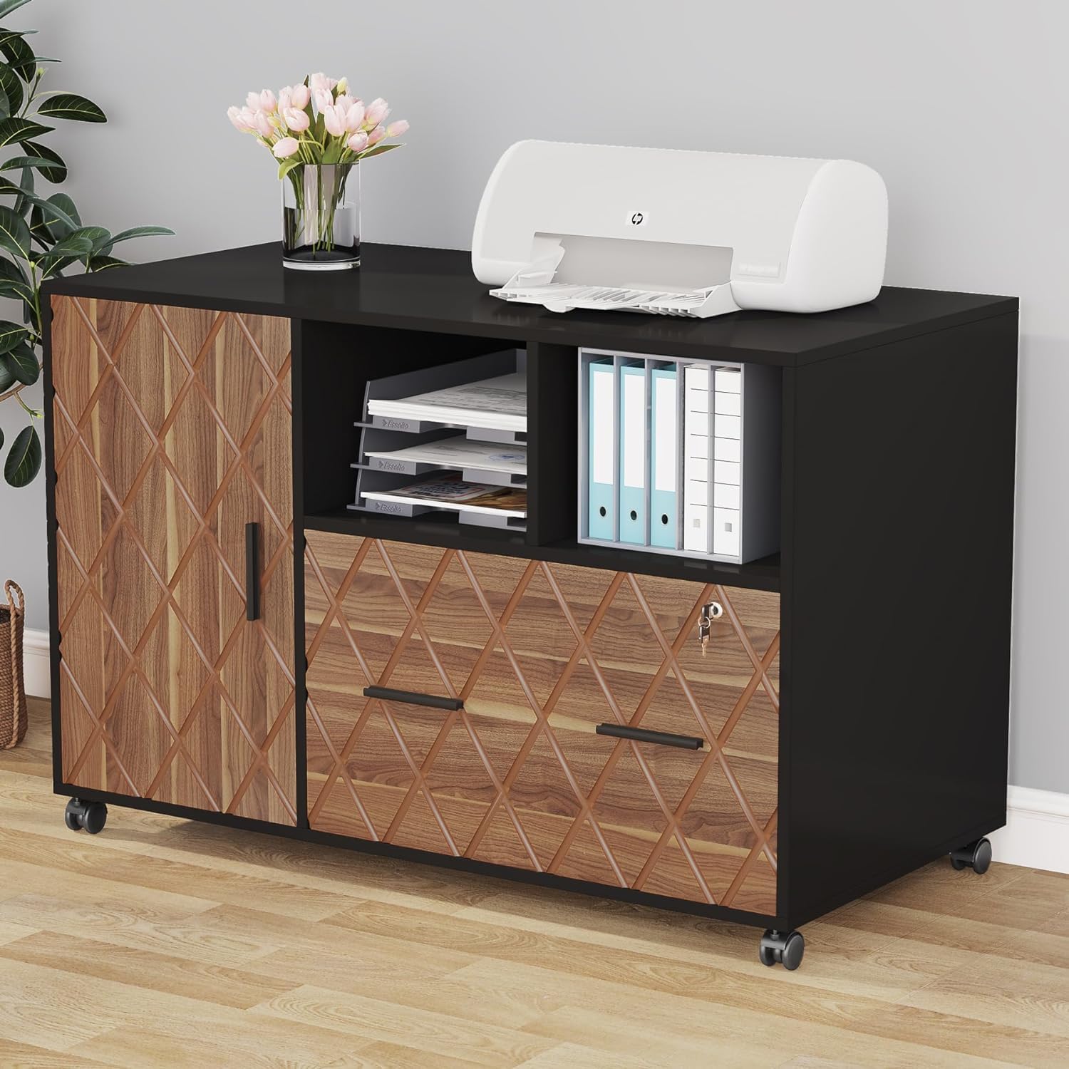 Tribesigns Large File Cabinet with Lock and Drawer, Modern Mobile Lateral Filing Cabinet Printer Stand Legal/Letter / A4 Size with Wheels and Storage Shelves for Home Office (Brown)