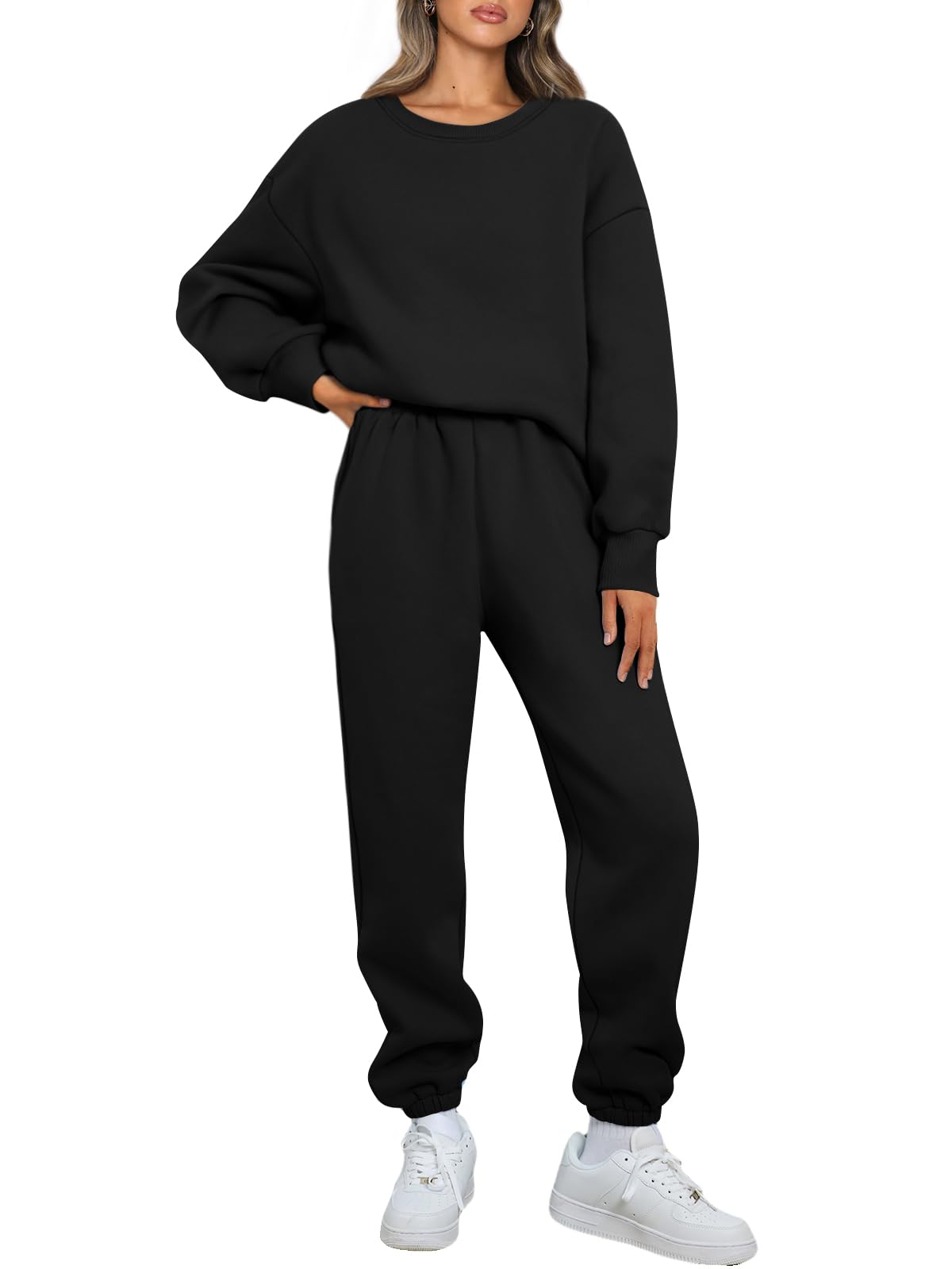 AUTOMET Sweatsuits for Women Set 2 Piece Outfits Oversized Sweatshirt Fall Outfits 2025 Lounge Sets Pullover Casual Trendy Y2k Clothing Sweatpants with Pockets Black XL