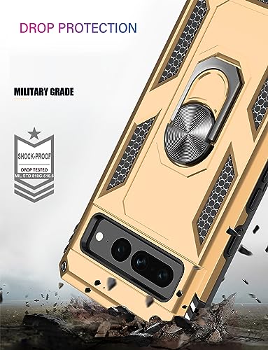 IKAZZ Suitable for Google Pixel 7 Pro Case,Military Grade Shockproof Heavy Duty Protective Phone Cover Pass 16ft Drop Test with Magnetic Kickstand Car Mount Holder Gold